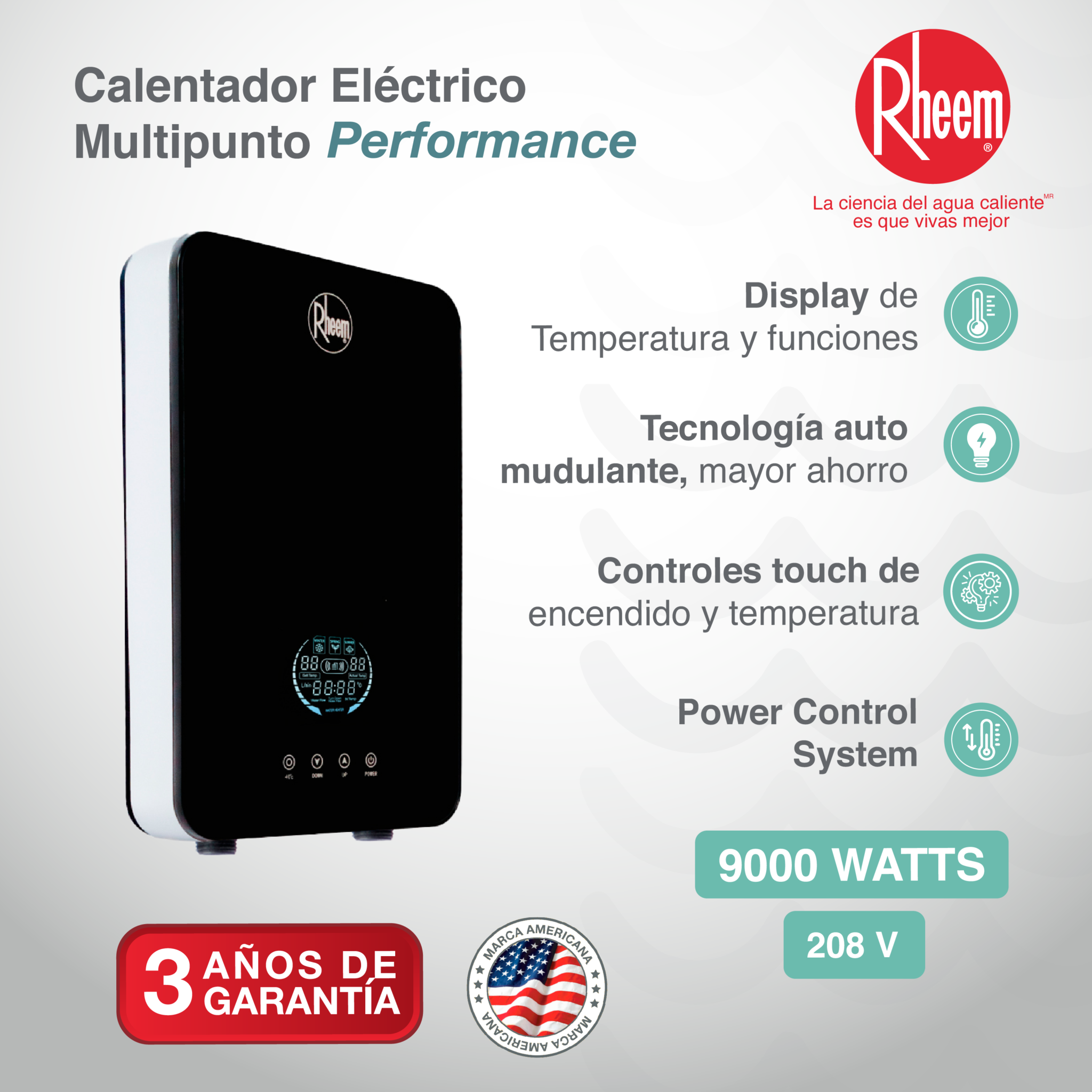 Calentador de agua eléctrico Performance Digital 208v 9kw - Rheem Colombia