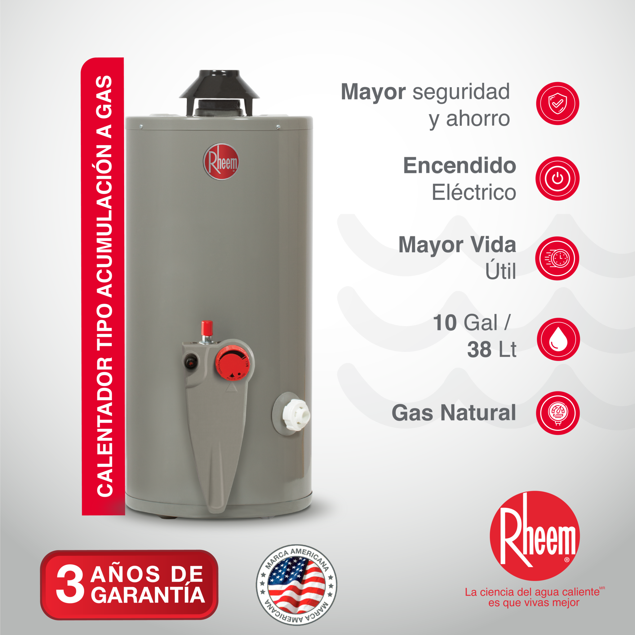 Calentador de agua a gas de acumulación 10 galones / 38 Litros - Rheem ...