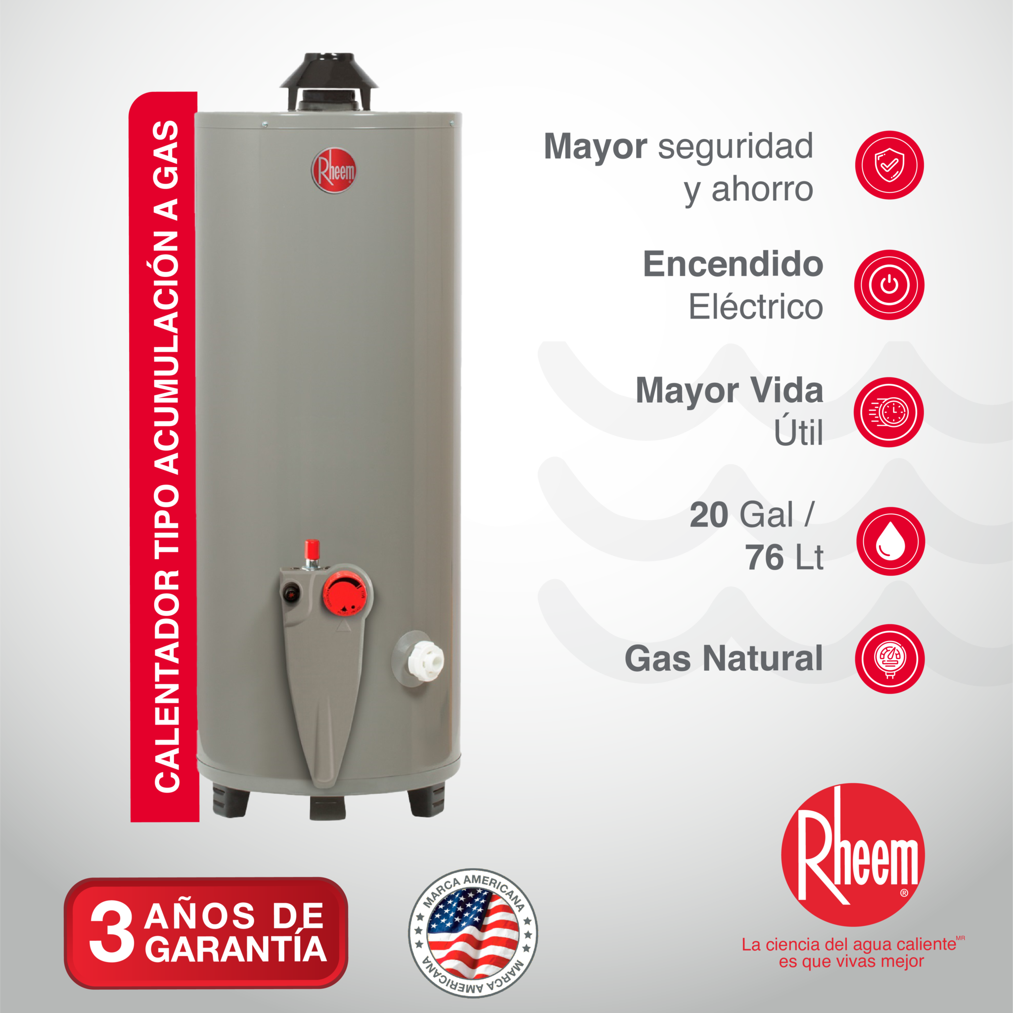 Calentador de agua a gas de acumulación 20 galones / 76 Litros - Rheem ...